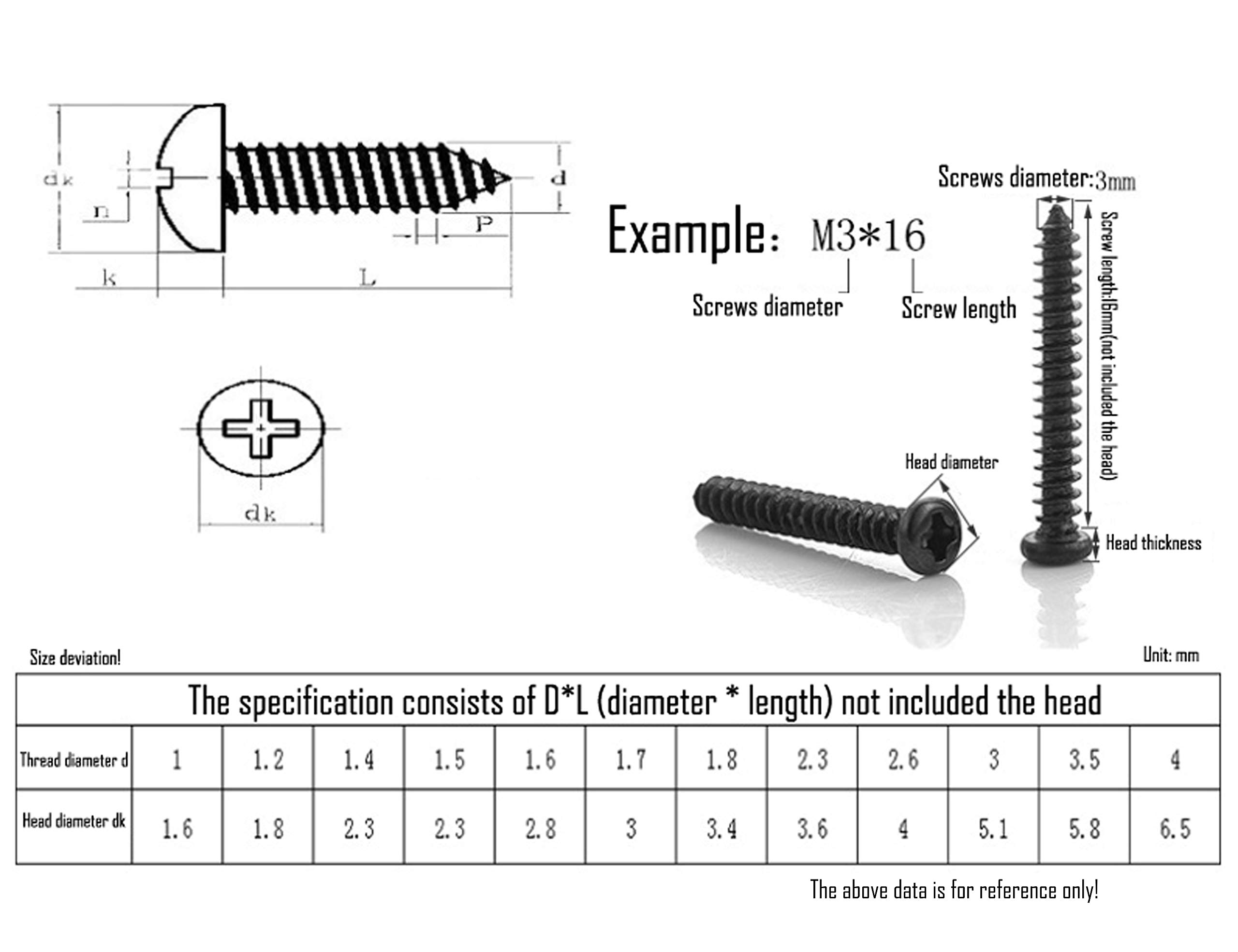 LBY 1000pcs M1.4 M1.7 M2 M2.3 Round Pan Head Self-Tapping Sheetmetal Screw Assortment Kit Round Head Self-Tapping Electronic Mini Wood Screws 10 Sizes Combination Metal Black