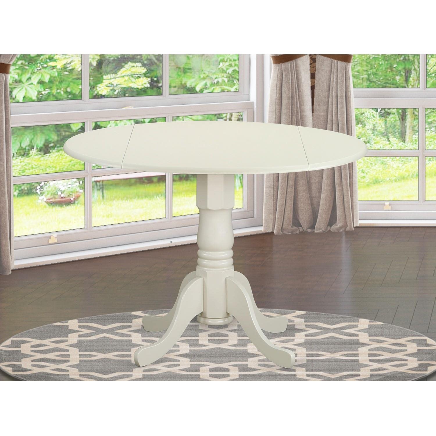 East West Furniture DLT-WHI-TP Dublin Modern Kitchen Table - a Round Dining Table Top with Dropleaf & Pedestal Base, 42x42 Inch, Linen White
