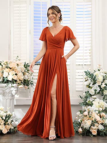 deamify Modest V Neck Flutter Sleeves Bridesmaid Dresses with Pockets Split Pleats Short Sleeves Sage Green Formal Dress for Women 10