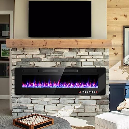 BREEZEHEAT 60inch Electric Fireplace Recessed Wall Mounted-Ultra Thin Fireplace Heater for Living Room/Bedroom with 2 Heat Vents, Remote Control, Touch Screen, Adjustable Flame, 8H Timer, 750w/1500w