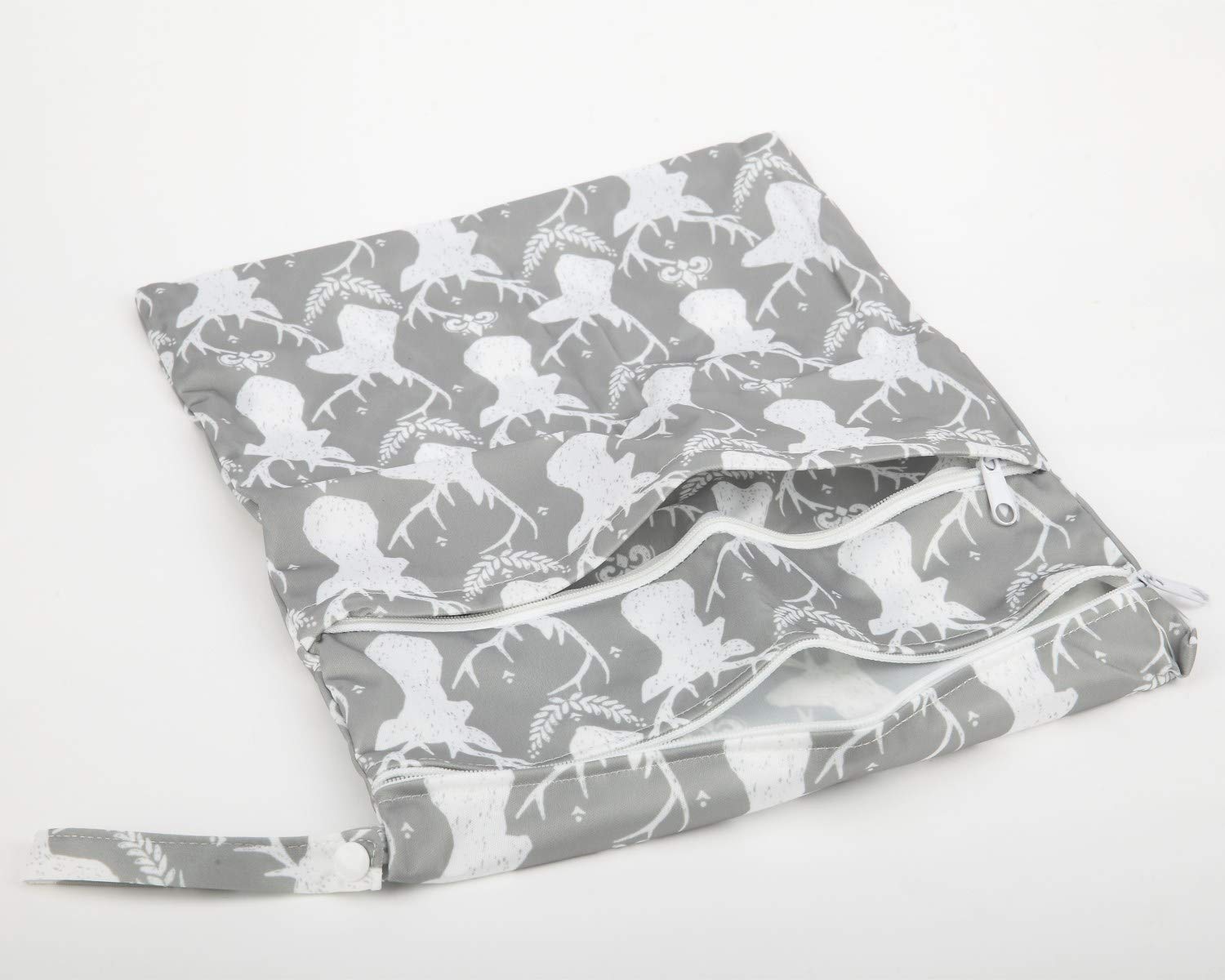 Sigzagor 2 Wet Bags Reusable Diaper Nappy Waterproof With Two Zippered Pockets (Gray Arrow and Deer Heads)