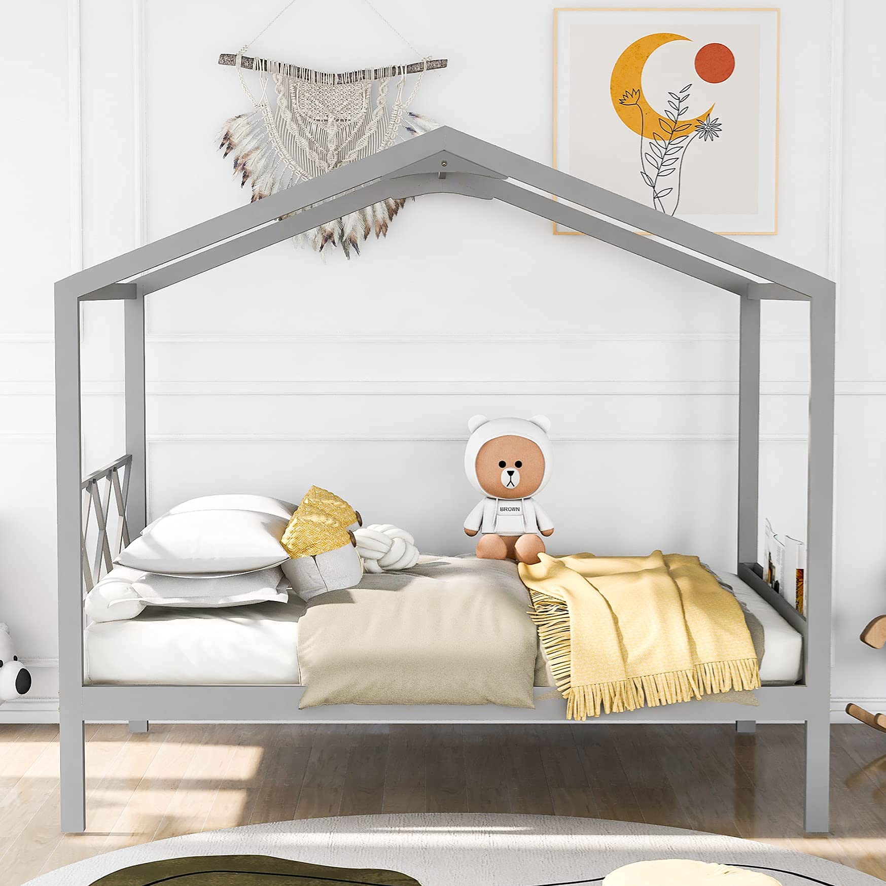 Harper & Bright Designs Full Size House Bed for Kids, Full House Bed Frame with Headboard and Storage Space, Wooden Kids House Bed Full for Girls, Boys,No Box Spring Needed,Grey