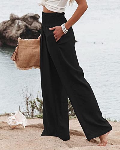 ERTUPE Women's Linen Palazzo Pants Boho Wide Leg High Waist Lounge Pant Elastic Casual Loose Solid Trousers with Pockets A-Black