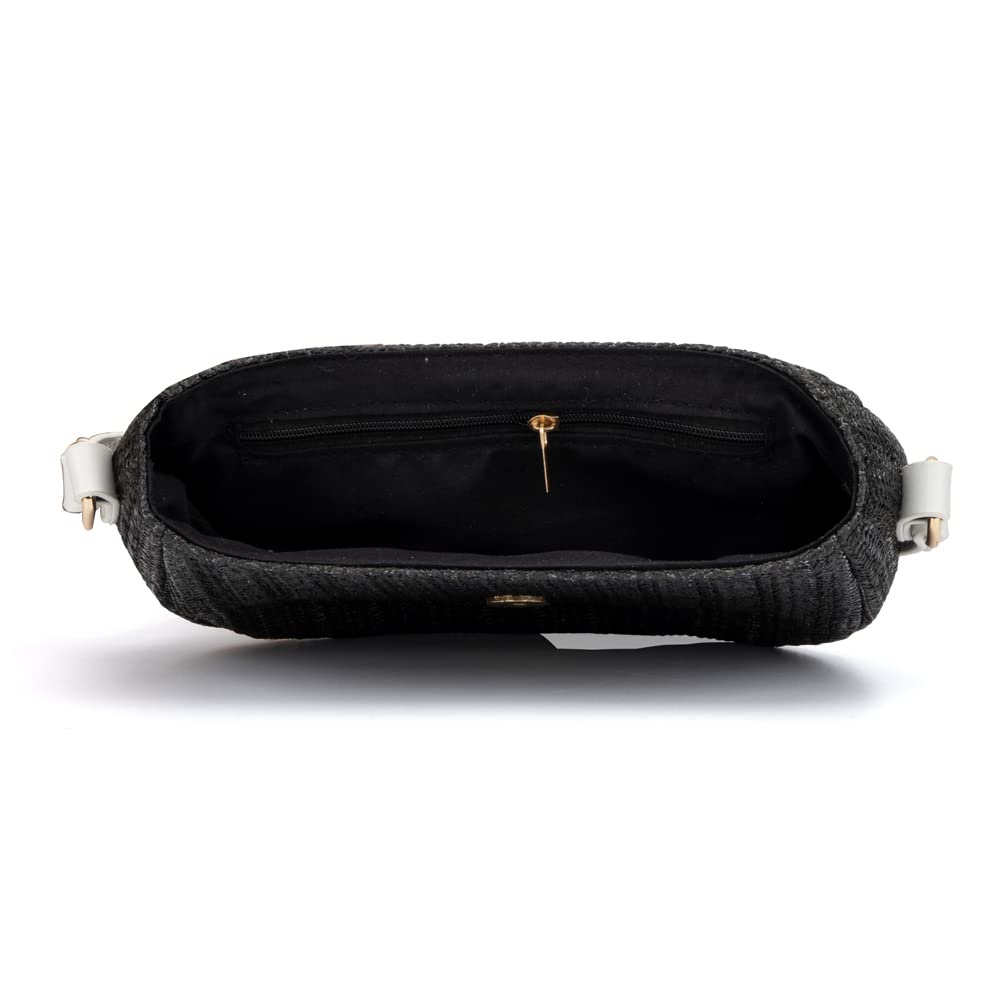 Olivia Miller Women's Fashion Rowan Natural Straw w PU Vegan Leather Front Flap, Black White Small Crossbody Bag w Adjustable Strap, Evening Everyday Casual Work Purse Handbag