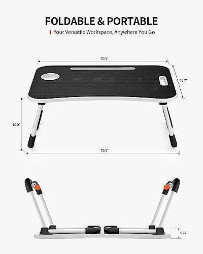 FISYOD Foldable Laptop Table, Portable Lap Desk Bed Table Tray, Laptop Stand with Cup Holder & Tablet Slot & Lifting Handle for Working Writing Drawing & Eating (Black)