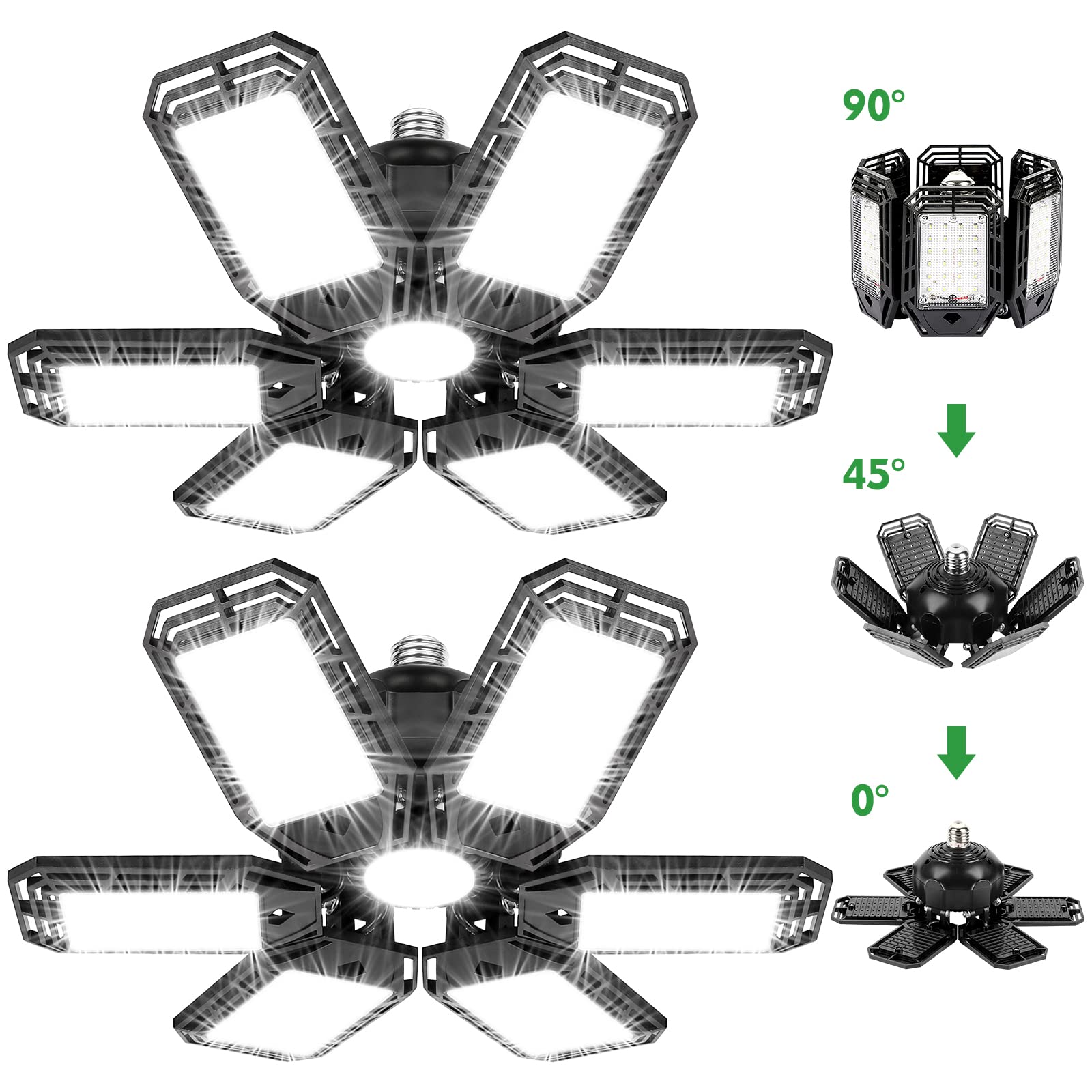 AILUKI LED Garage Light 2 Pack 160W E26 1600LM Deformable Led Garage Ceiling Lights 6500K Daylight White with 6 Adjustable Panels for Garage, Barn, Workshop,Warehouse