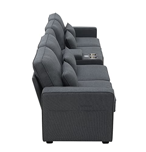 Ball & Cast 114.2" Linen Upholstered Sofa with Consoleand 2 USB Ports Wired or Wirelessly Charged,Modern 4-Seat Couches W/ 4 Pillows and Two Cupholders,for Living Room,Apartment,Dark Grey