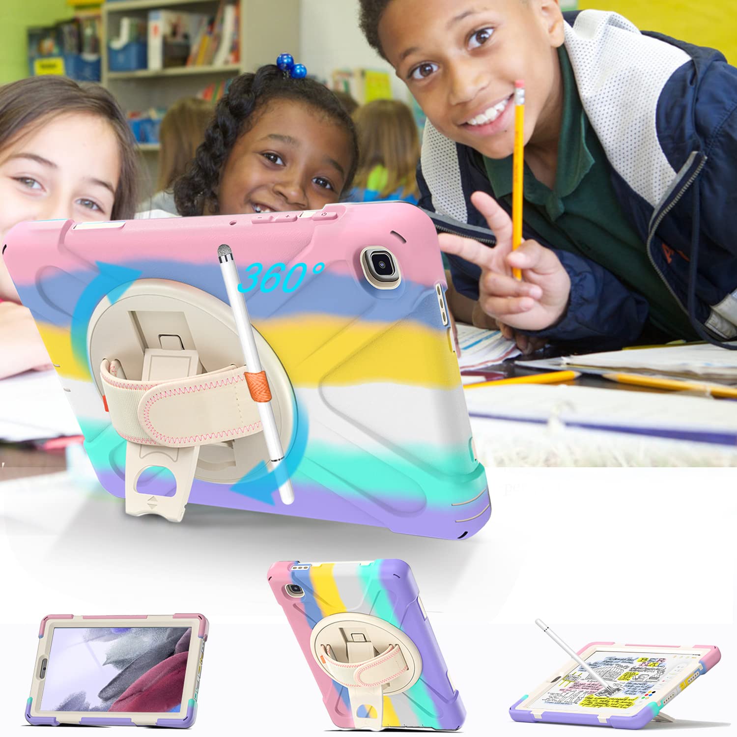 Case for Samsung Galaxy Tab A7 Lite 8.7” 2021 Case, Full-Body Drop Protection Shockproof Case with Screen Protector-Stand-Hand&Shoulder Strap for Tab A7 Lite Case - Colorful Pink