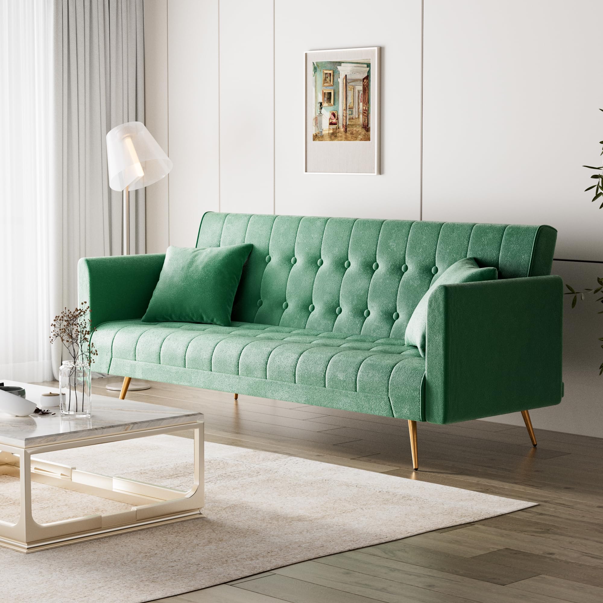 OUYESSIR Velvet Futon Sofa Bed, Convertible Futon Couch, Sturdy Sleeper Sofa in 71 inch, Small Futon Sofas (Green)