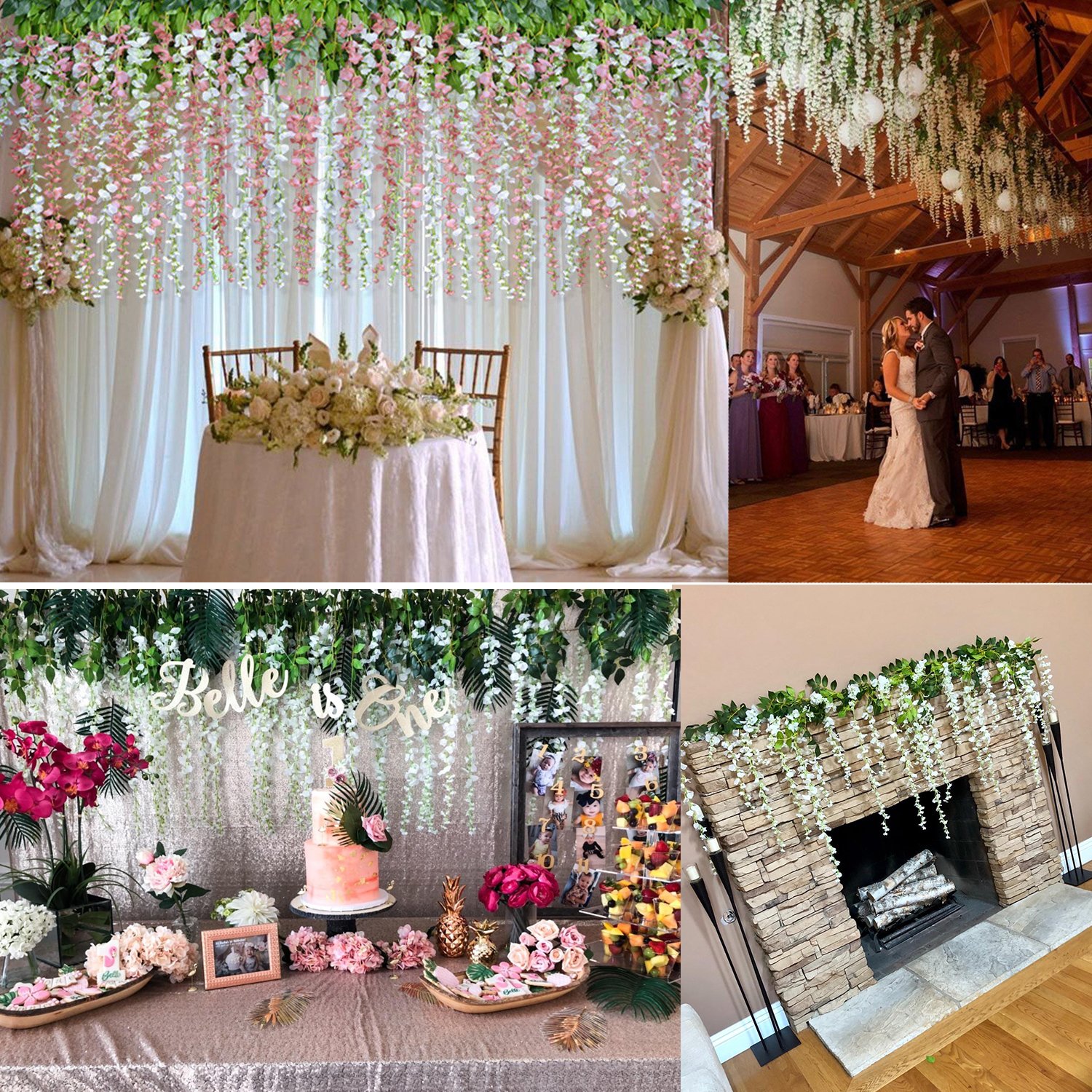 DearHouse 12Pack 3.6 Feet/Piece Artificial Wisteria Vine Garland Hanging Wisteria Garland Silk Flowers String for Home Party Garden Wedding Decor (White)