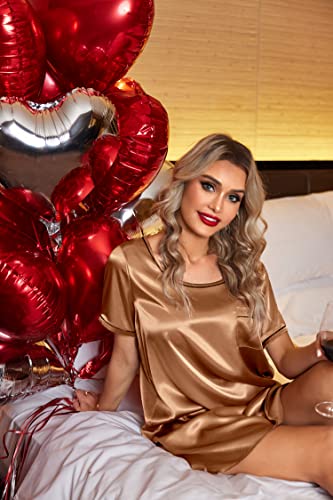 eshion Womens Silk Nightgowns Satin Night Shirts Short Sleeve Pajama Dress O Neck Nightwear with Chest Pocket Khaki Medium