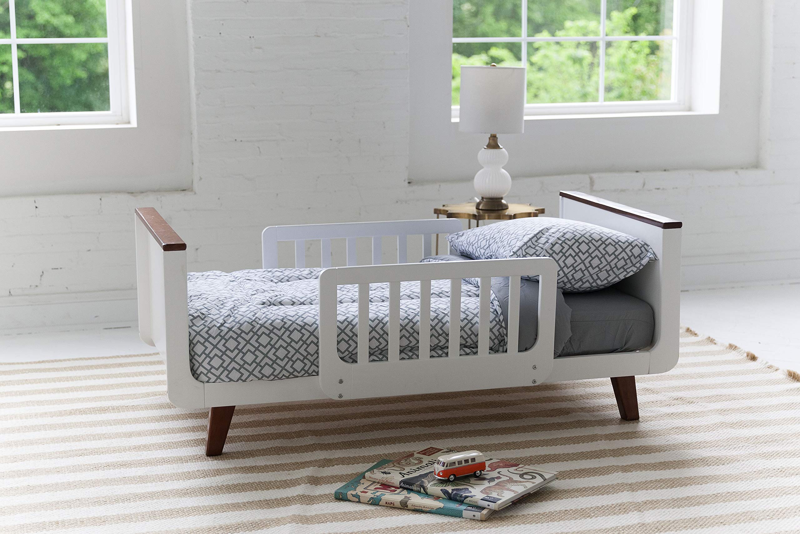 Little Partners MOD Kids Bed - Solid Wood Classic Design Transitional Toddler Bed with Rails for Children's Bedroom with Two Safety Guards, Low-to-Ground Profile (White/Espresso)