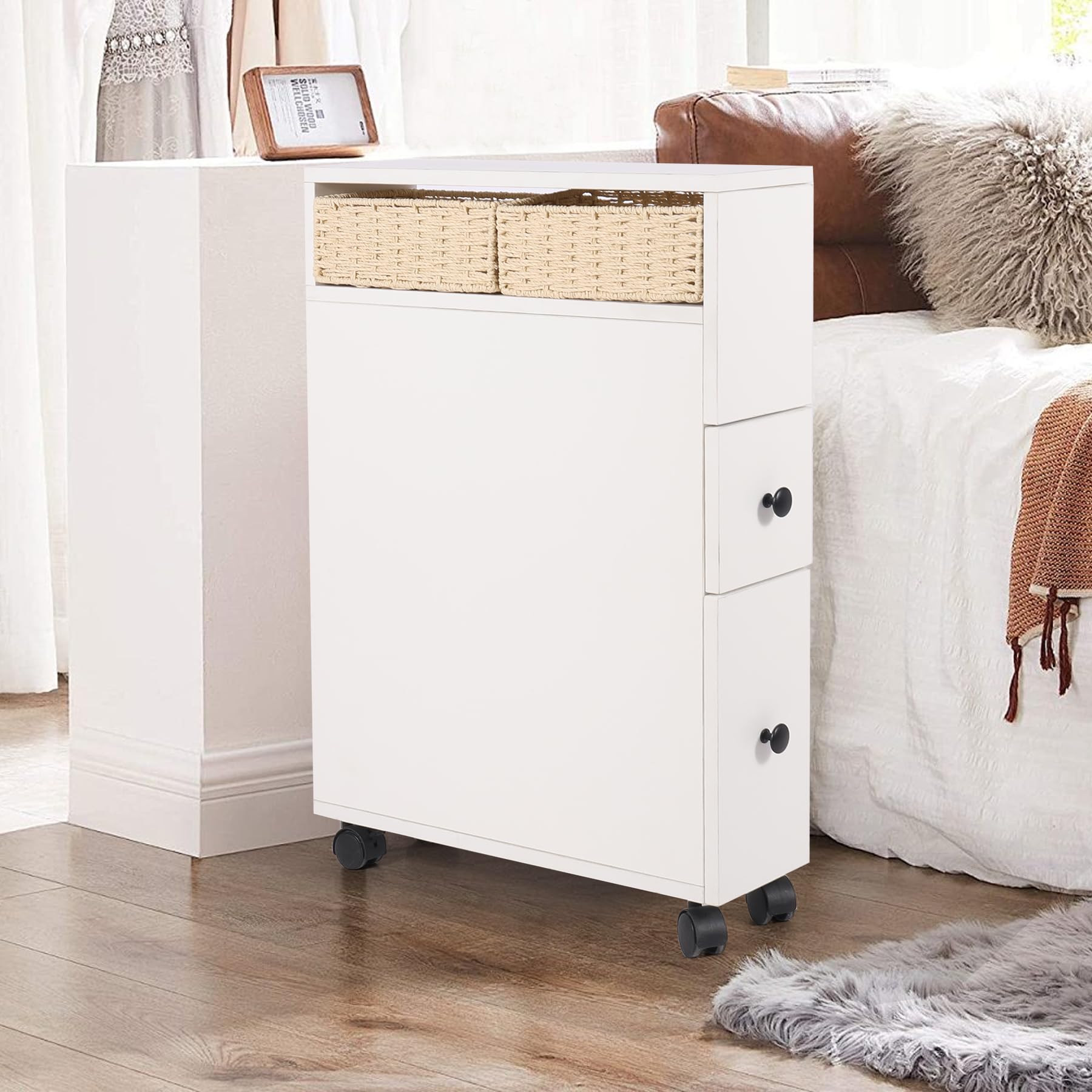 ALBOMI Slim Bathroom Storage Cabinet, Movable Narrow Toilet Paper Holder with Wheels and Drawers, Free Standing Small Bathroom Organizer for Small Spaces, 6" W x 20" D x 27.8" H, White