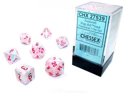 DND Dice Set - Chessex D&D Dice-16mm Festive: Pop Art & Red Limited Edition Plastic Polyhedral Dice Set-Dungeons and Dragons Dice Includes 7 Dice - D4 D6 D8 D10 D12 D20 D%, Pink, (CHX27539)