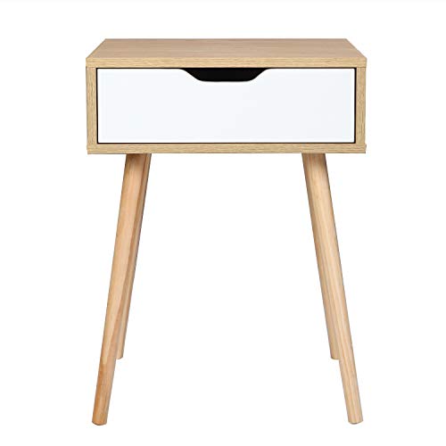 Bonnlo Wood&White Nightstands Set of 2 End Side Table with Spacious Drawer & Solid Wood Legs for Livingroom, Bedroom, Dorm