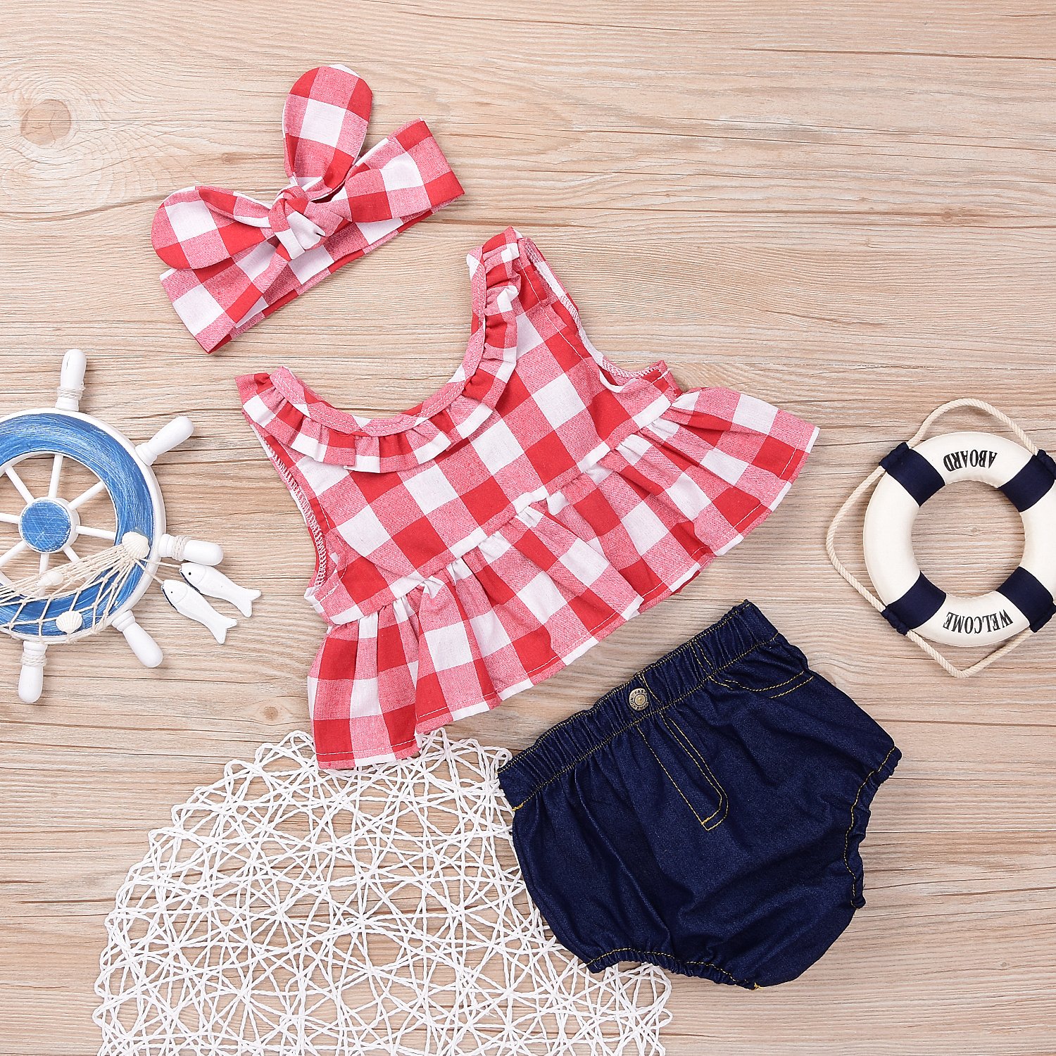 IWOKA Baby Girls Plaid Ruffle Bowknot Tank Top+Denim Shorts Outfit with Headband (70(0-6M), Red)