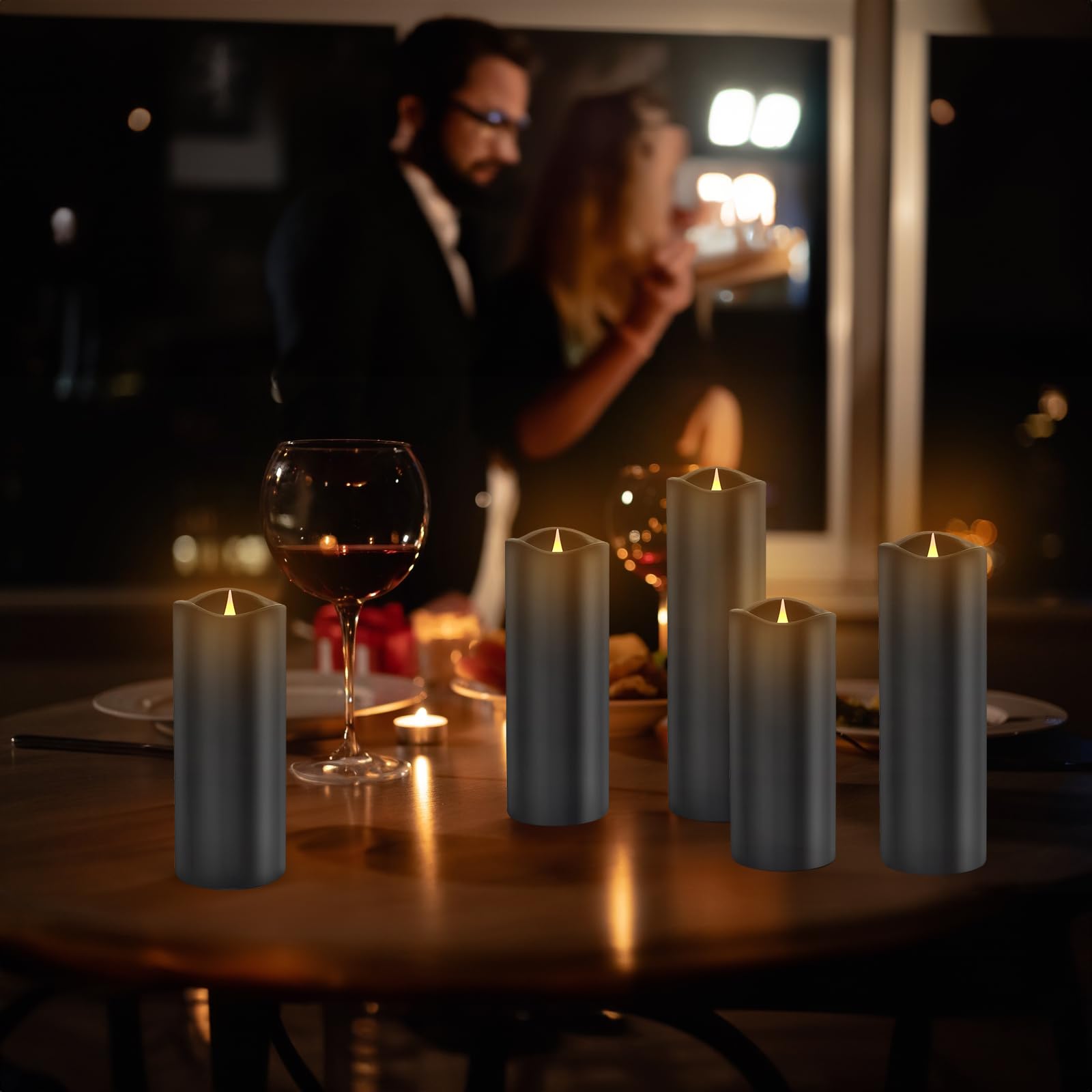 ALED LIGHT Black Real Wax Rechargeable Flameless Candles Flickering Realistic,Rechargeable LED Pillar Candles with Remote for Home Decor Idea Gift,Pack 5(D 2.2”X H 5”5.5”6”7”8”)