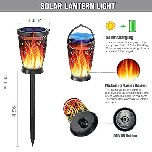 Aionarew Solar Lantern, Outdoor Hanging Solar Lantern Flickering Flame Solar Torch Lights Waterproof LED Flame Umbrella Lights Landscape Decorative Lighting for Garden Patio Yard Table, 2 Pack