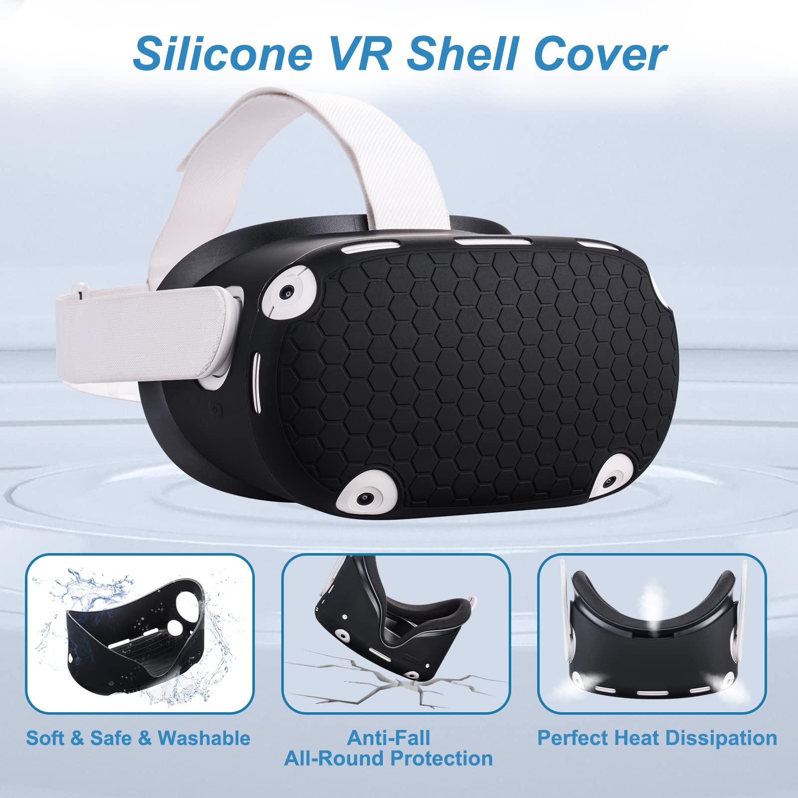Accessories for Meta/Oculus Quest 2, Anti-Throw Hand Strap Extended Controller Grips Cover Face Headset Protective Lens Shell VR Silicone Cover Set (Black)