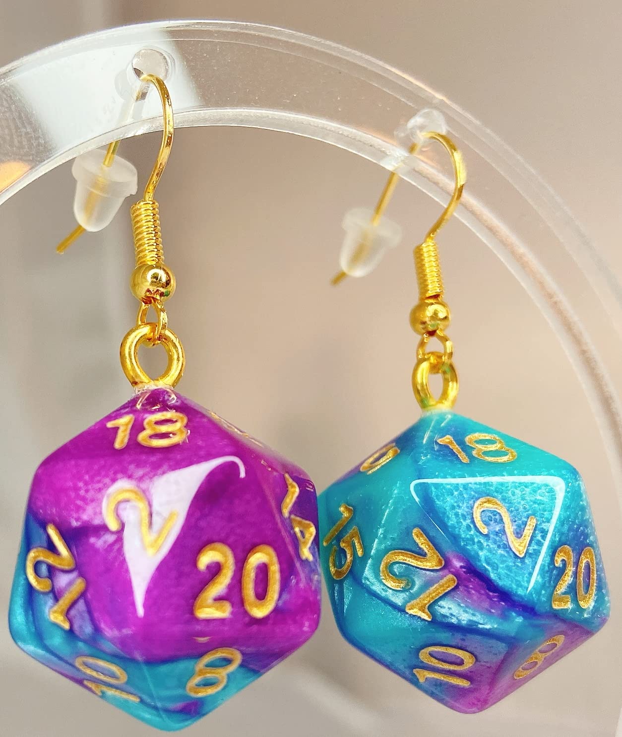 d20 20-Sided Polyhedral Dice Earrings - Hook with Earnuts (Light Blue-Purple Swirl)