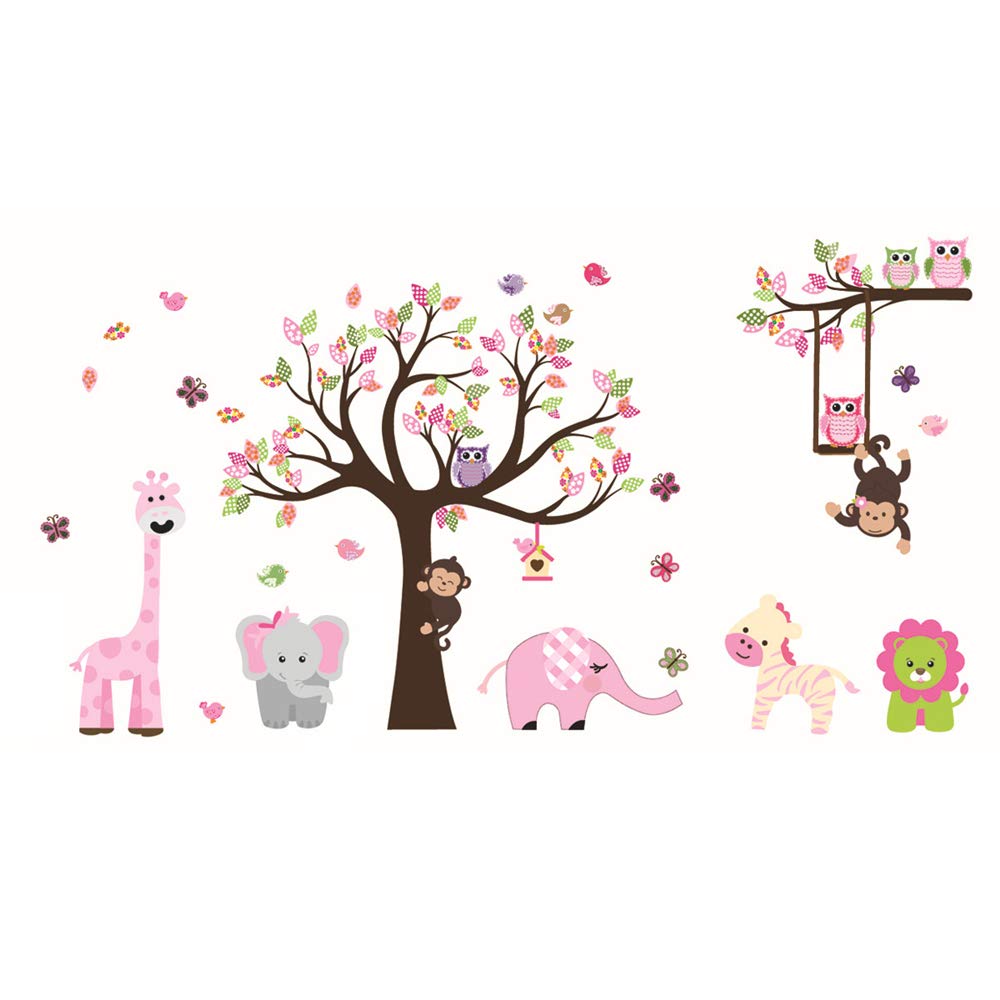 ufengke Animal Tree Wall Stickers Pink Elephant Giraffe Wall Decals Art Decor for Kids Bedroom Nursery DIY