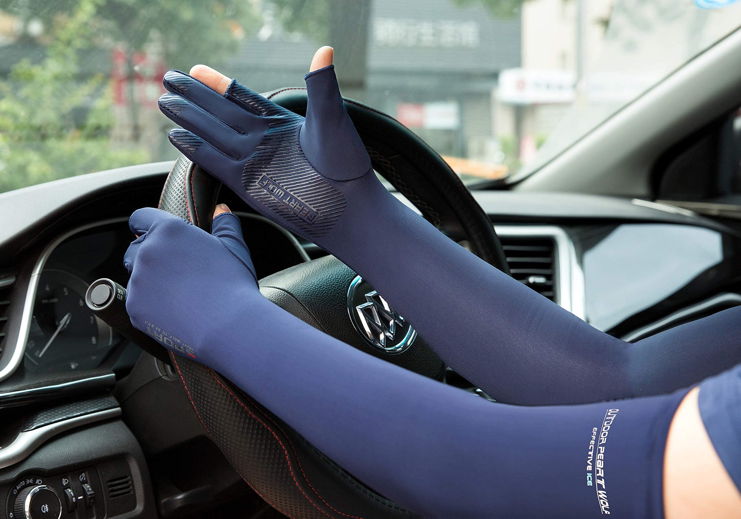 Arm Sleeves with 2 Cut Fingers Gloves for Men by Emaplos Antislip Design Compression UV-Protection Armsleeves 1 Pair (Navy)