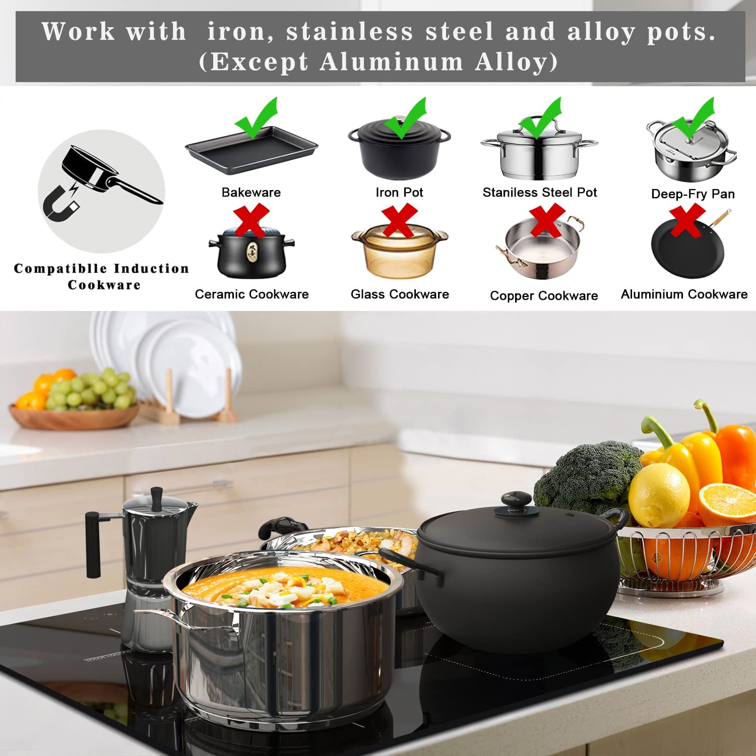 Karinear Induction Cooktop 4 Burners, 7400W 24'' Built-in Induction Stovetop with Flex Zone,Child Safety Lock, Timer, Boost, Slider Control Black Glass Electric Cooktop 220-240V Hard Wire