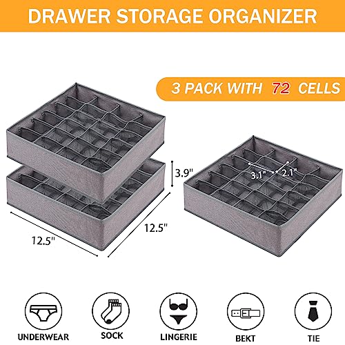 Cawek 3 Pack Fabric Underwear Organizer Dividers, Foldable Drawer under cabinet organizer Storage Boxes for Socks,Underwear, (Grey)