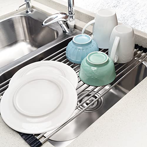 Atposh Roll up Dish Drying Rack 21â*11.5â Over The Sink Dish Drainer for Kitchen Counter Portable Versatile Foldable Dish Drying Rack Mat Silicone Wrapped SUS304 Stainless Steel Dish Drying Rack