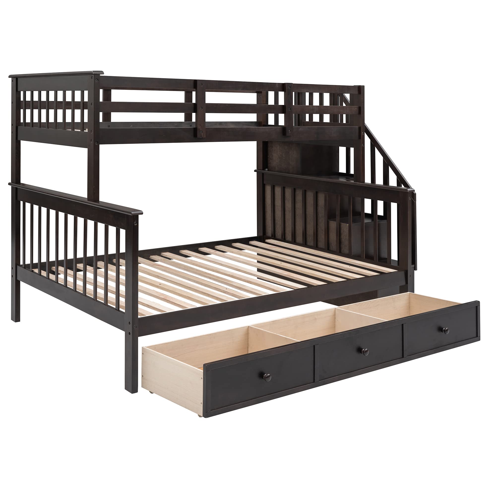 BIADNBZ Full Over Full Bunk Bed with Stairs Storage and Drawers, Solid Wood Bunkbed with Staircase for Kids Teens Adults, can be Separated into 2 Platform Bedframe, Gray