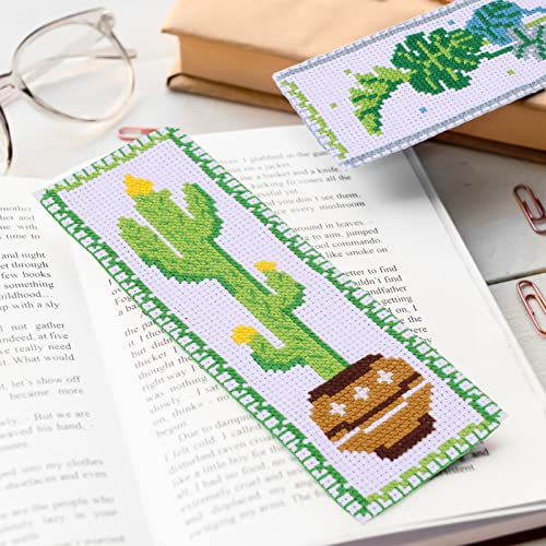 Caydo 3 PCS Cross Stitch Bookmark Kits, Stamped Embroidery Bookmark Kit for Kids Adults Beginner, DIY Counted Crossstitch Christmas Gift for Book Lovers(Green Plants)