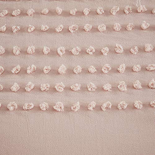 Comfort Spaces 100% Comforter Set Cotton Jacquard Pom Tufts Design Hypoallergenic Down Alternative, All Season Modern Bedding, Matching Shams, Full/Queen, Phillips, Blush