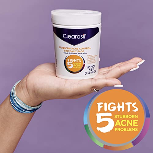 Clearasil Stubborn Acne Control 5in1 Daily Facial Cleansing Pads, with Salicylic Acid Acne Treatment Medicine, 90 Count