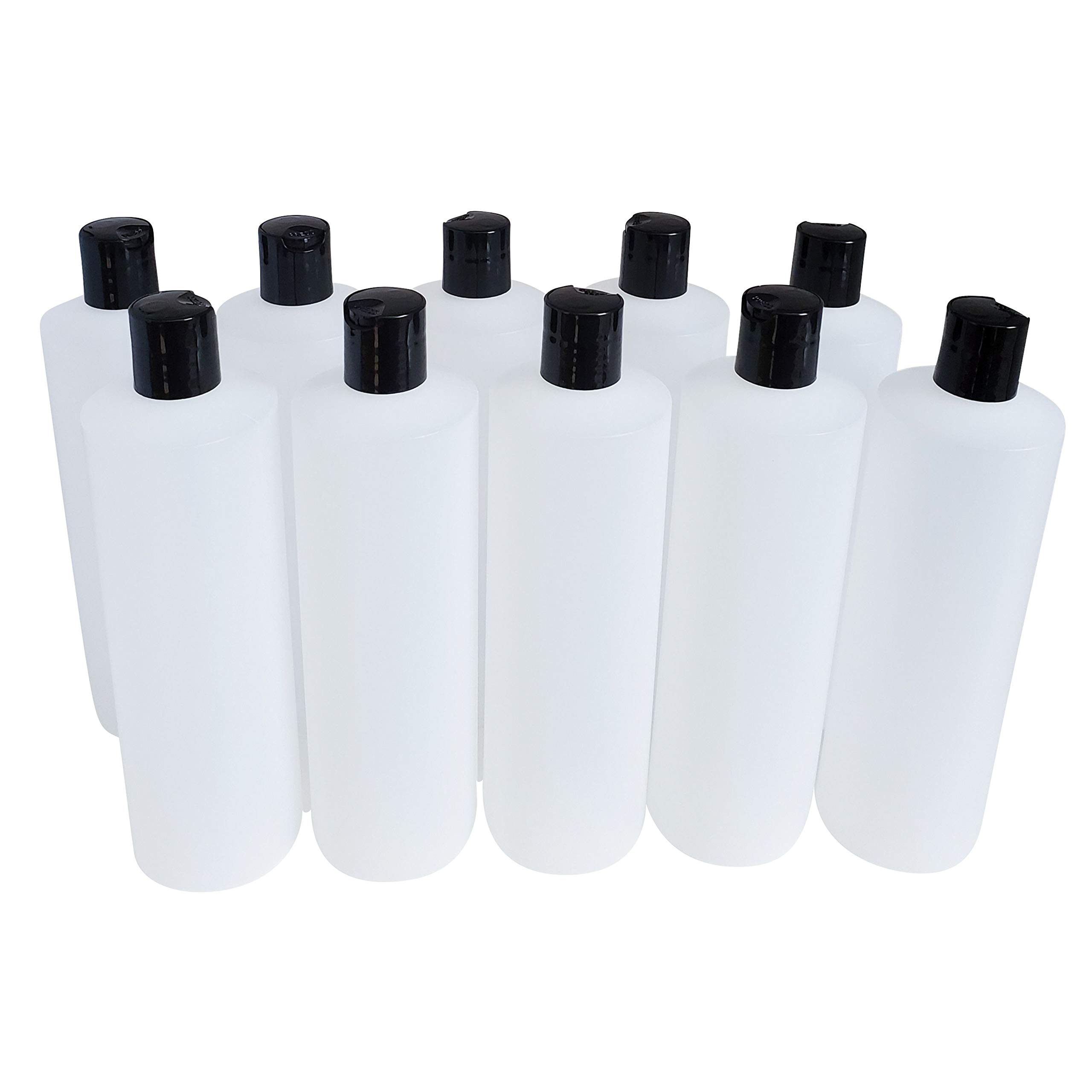 kelkaa 16oz HDPE Durable Squeezable Plastic Bottles with Black Press Disc Top Cap Natural Clear Container for Any Liquid Products, Multi-Purpose Empty Refillable Bottles (Pack of 10)