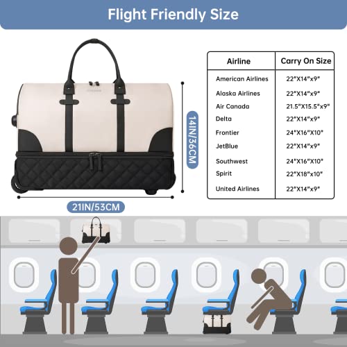 ETRONIK Rolling Duffle Bag with Wheels, 21 Inch Flight Approved for Travel Toiletry Bag, Carry on Luggage Overnight Bags Women Shoe Compartment, Beige