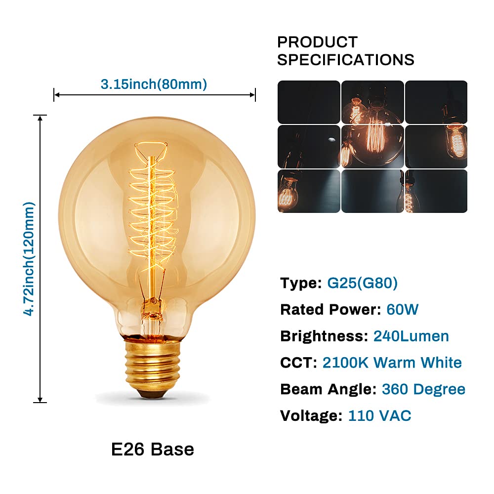 runquiz Edison Incandescent Light Bulbs 60 Watt, G25(G80) Vintage Light Large Bulb, 6-Pack Globe Bulbs 2100K Warm White, E26 Medium Base Dimmable, 240 Lumens Filament, Vanity Light Bulbs for Bathroom