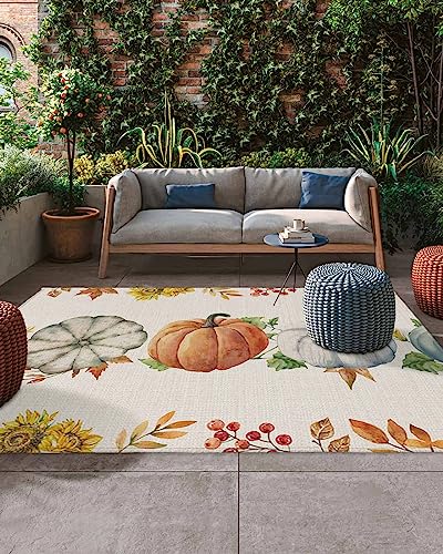 Fall Outdoor Patio Rugs Thanksgiving Pumpkin Sunflower Outdoor Area Rug Maple Leaf Non-Slip Backyard/Camping RV Rug/Deck/Porch Rug Front Door Floor Mat Carpet,6x9ft,