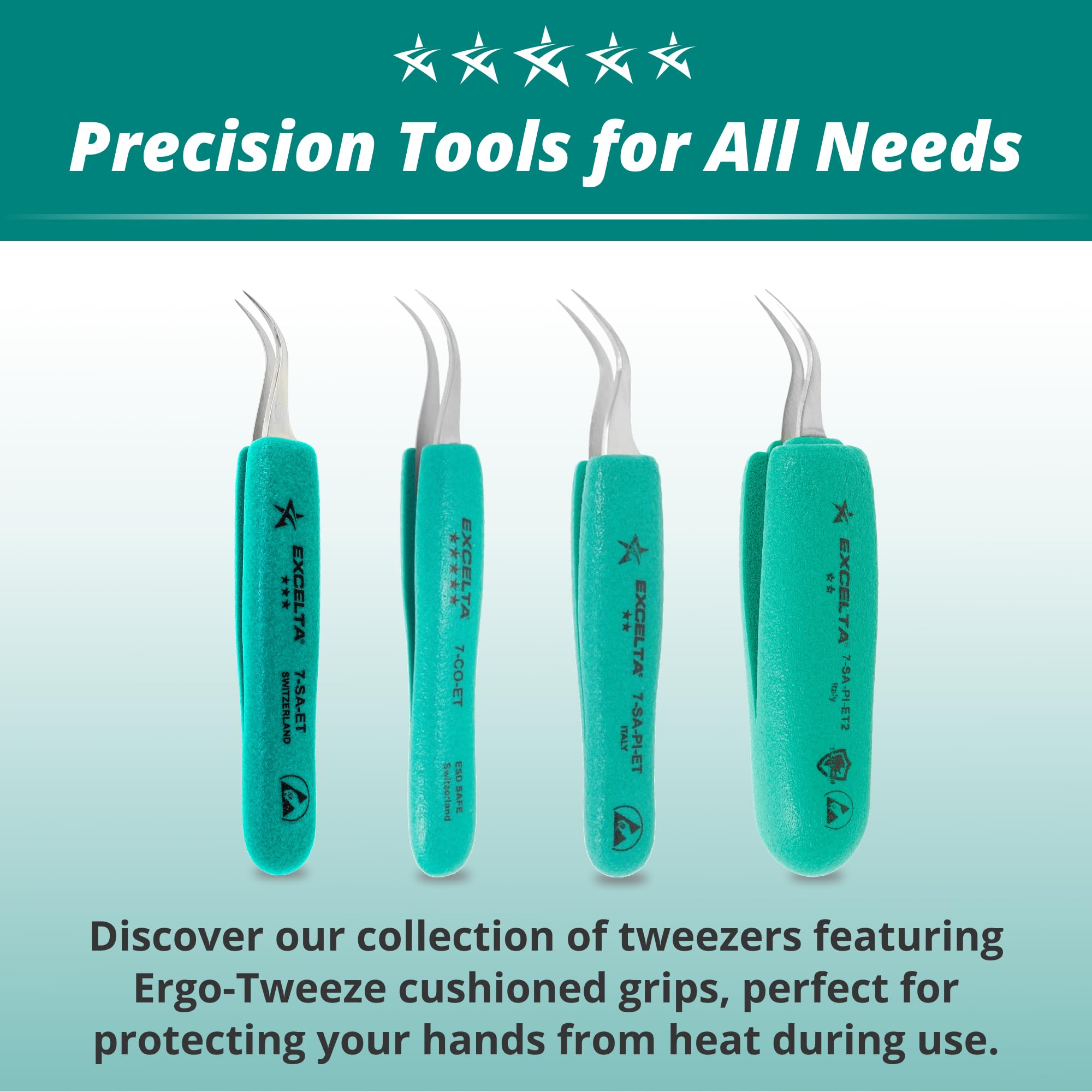 Excelta Stainless Steel Tweezers, 5.25" Straight Tapered Flat Point, Anti-Static Cushioned Grip for SMD, Electronics & Lab Use, Professional