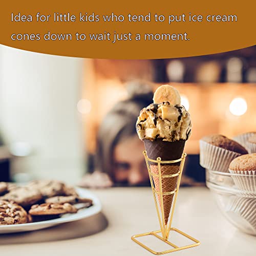 BLBYHO Single Metal Gold Ice Cream Cone Holder Stand, Individua Waffle Cone Holder Sushi Hand Roll Stand for Standard Size Ice Cream Cones Appetizer Charcuterie Cones, Sugar Cones, Sushi (4 Pack)