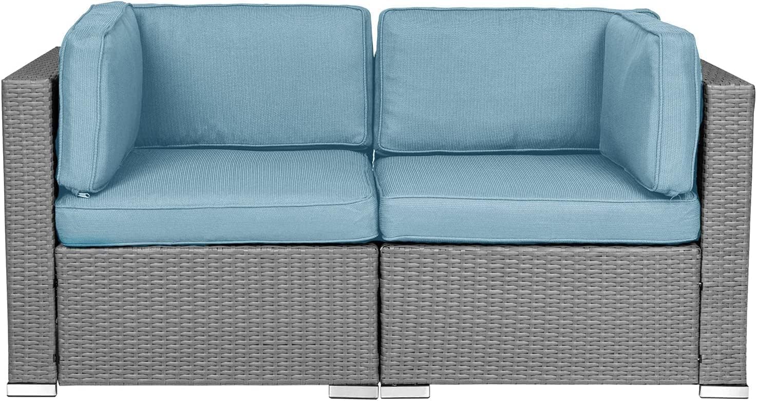 SUNCROWN 2-Piece Outdoor Patio Furniture Corner Sofa Set All-Weather Wicker Sectional Loveseats with Washable Cushions, Sky Blue