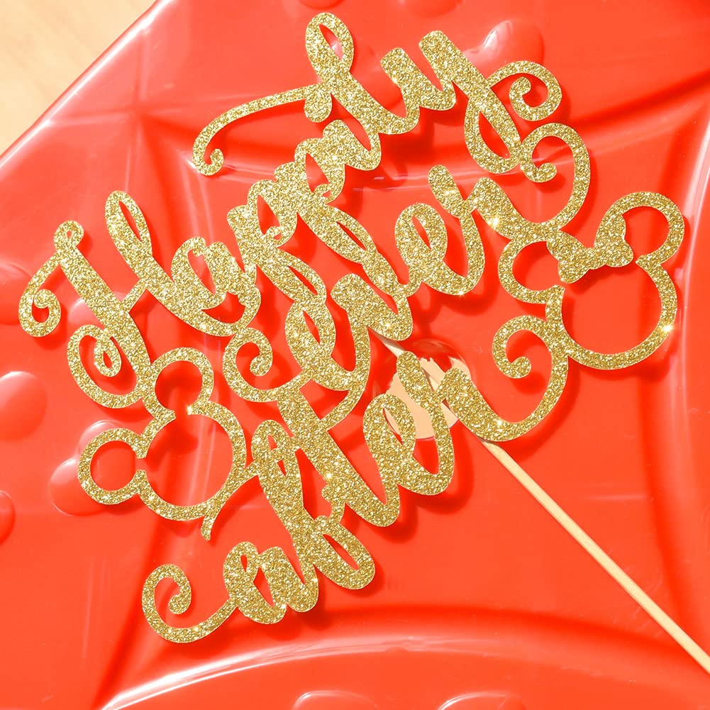 Happily Ever After with Cartoon Mice Cake Topper, Mouse Inspired Themed Wedding Engagement Bridal Shower Party Decorations, Gold Glitter