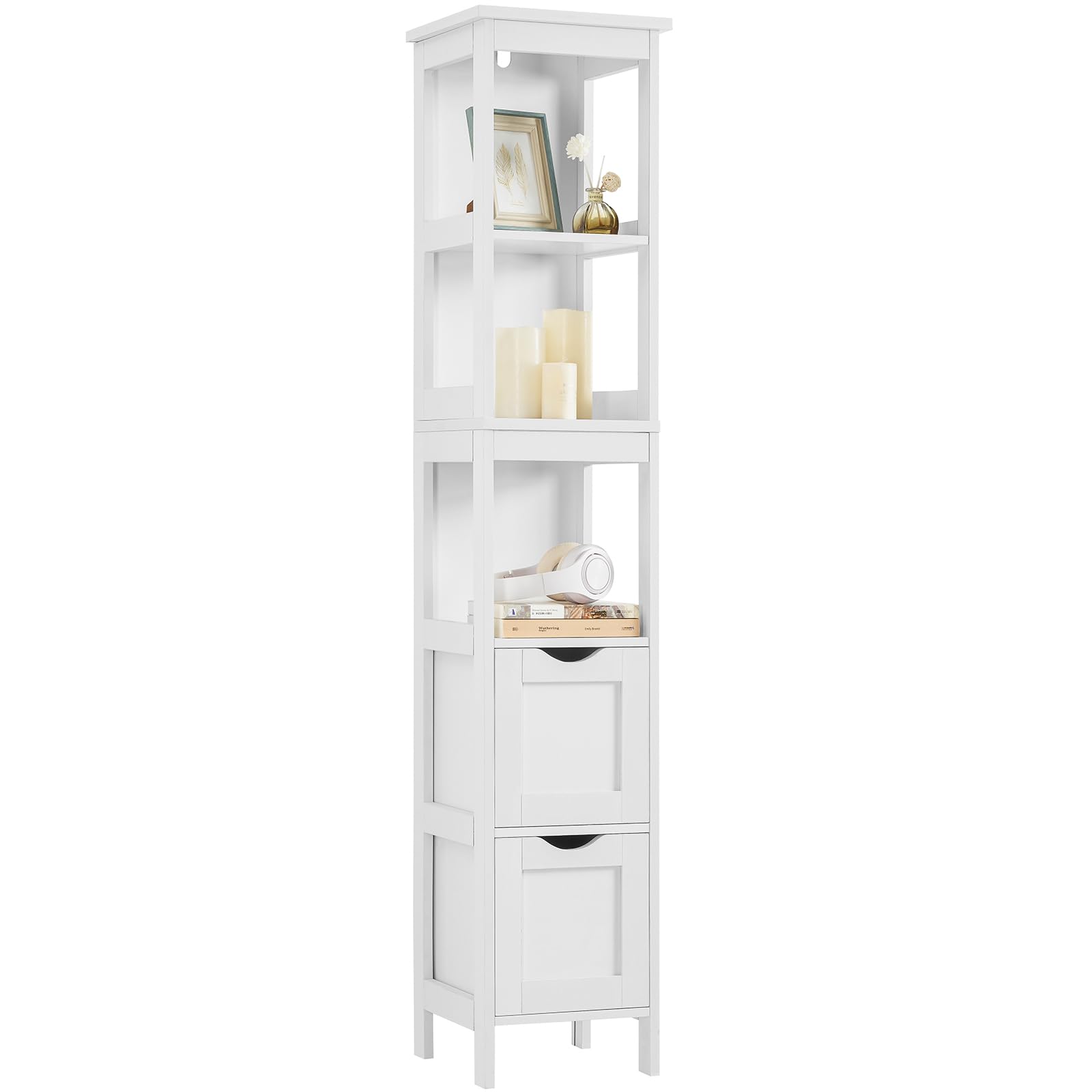 usikey 55.9" H Bathroom Storage Cabinet, Slim Tall Cabinet, Narrow Storage Cabinet with 2 Drawers & 3 Open Shelves, for Bathroom, Living Room, White