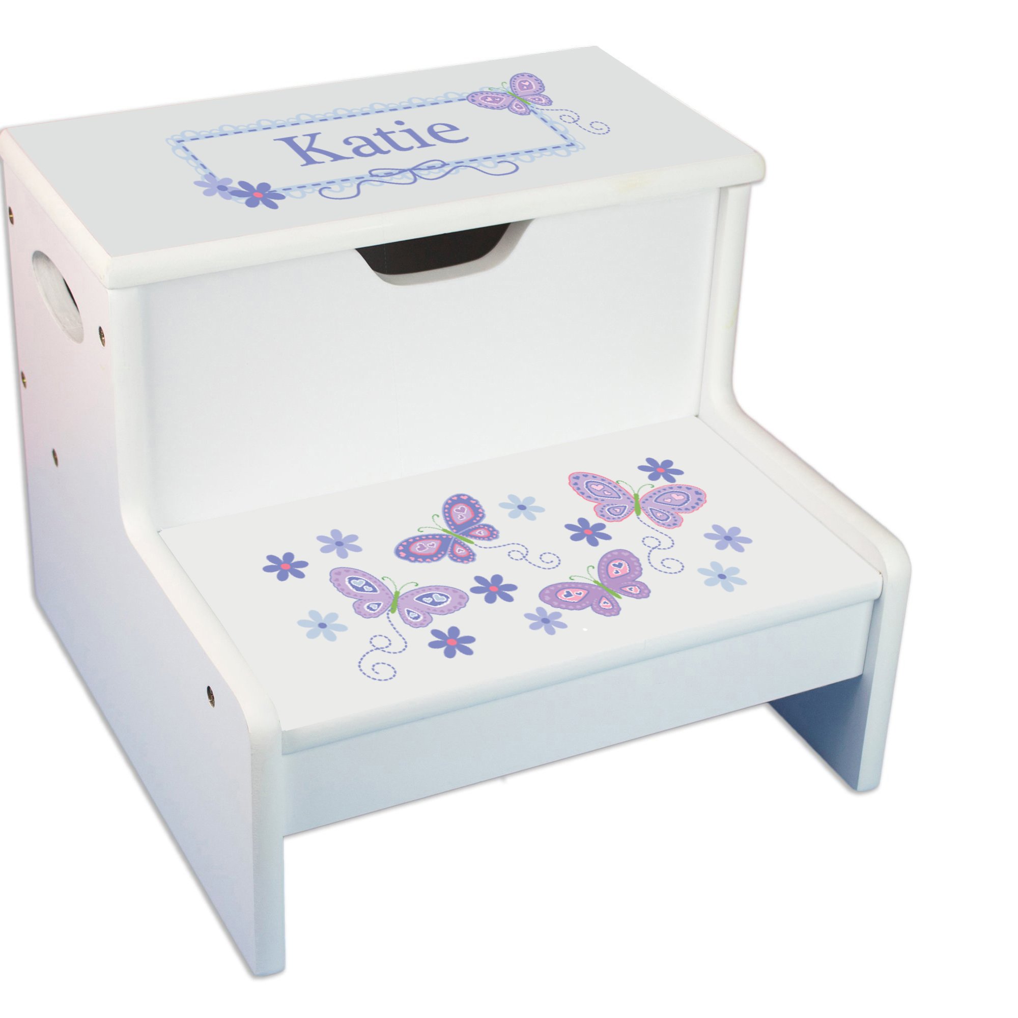 Personalized White Step Stool and Storage with Lavender Butterflies Design