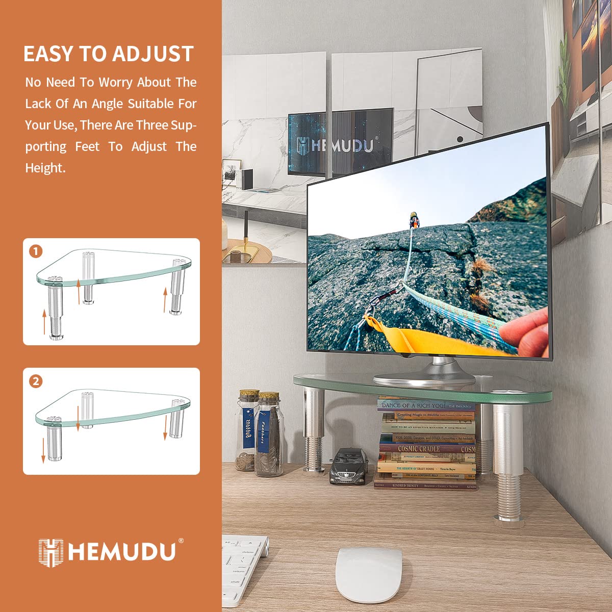 Hemudu Clear Glass Computer Monitor Riser / Triangle Desktop Universal Corner Stand for Computer Monitor & Laptop HD01T-003