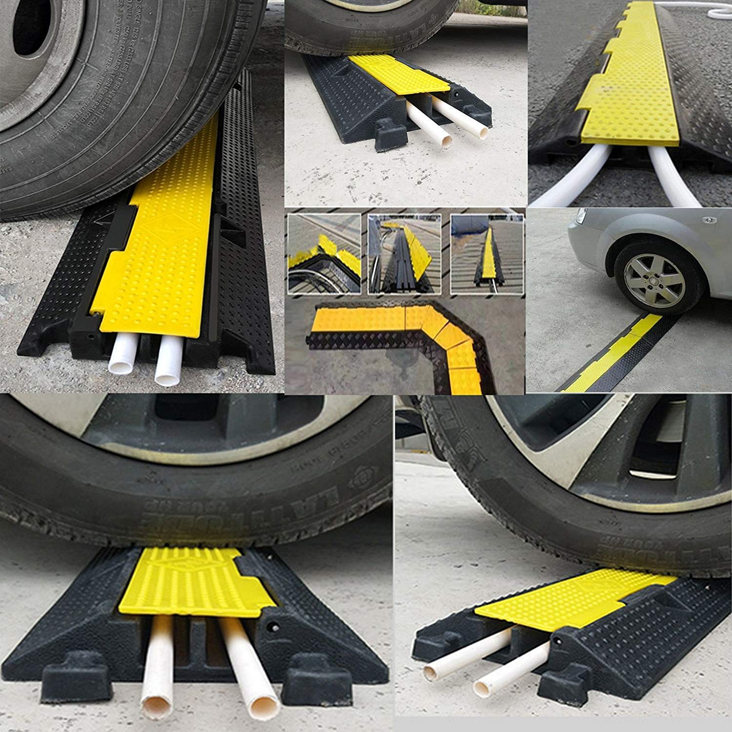Reliancer 3 Pack Dual Channel Rubber Cable Protector Ramp 2 Channel Traffic Speed Bump 11000lbs Capacity Heavy Duty Driveway Hose Cover Ramp Cord Track Protector Wires Concealer w/Flip-Open Top Cover
