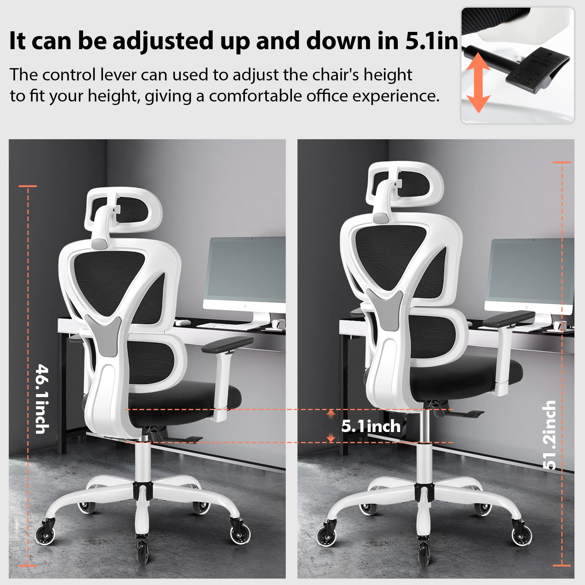 FelixKing Office Chair, Ergonomic Desk Chair with Lumbar Support, High Back Mesh Gaming Chair with Adjustable Headrest and Armrests for Conference Room White