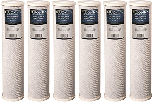BLUONICS Carbon Block Replacement Water Filters Case of 6 pcs (5 Micron) 4.5" x 20" Cartridges for Chlorine, Herbicides, Insecticides, Bad Taste and Odor