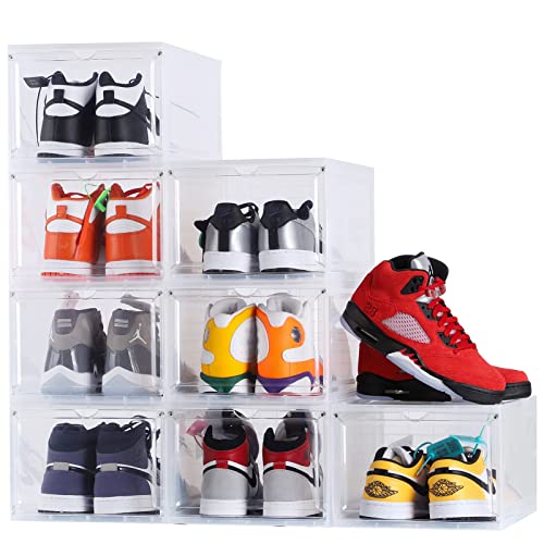 Drop Front Shoe Box,Set of 8 , Stackable Plastic Shoe Box with Clear Door, As Shoe Storage Box and Shoe Containers for Sneaker Display,Clear Shoe organizer and cases with lids, Fit up to US Size 12(13.4”x 9.8”x 7.1”)Clear