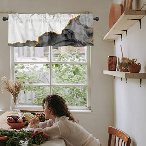 Fall Valance Curtains for Windows Wild Marble Pattern Gold Black Grey White Ombre Short Valances Window Treatment Rod Pocket Valance for Kitchen Bedroom Bathroom Laundry Room 42x18 inch, 1 Panel
