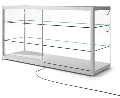 Displays2go 6’ Counter Glass Showcases with Side Lighting, Lockable, Tempered Glass Shelves, Aluminum Frame – Silver (JBQCT72LED)